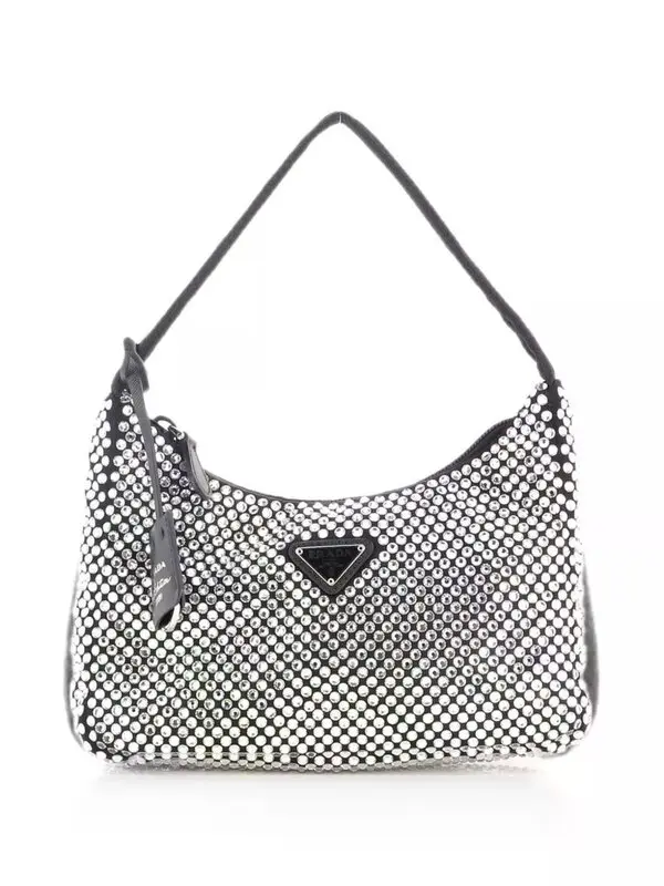 Prada Re-edition 2000 Crystal Embellished Satin Mini Hobo Bag - Black
