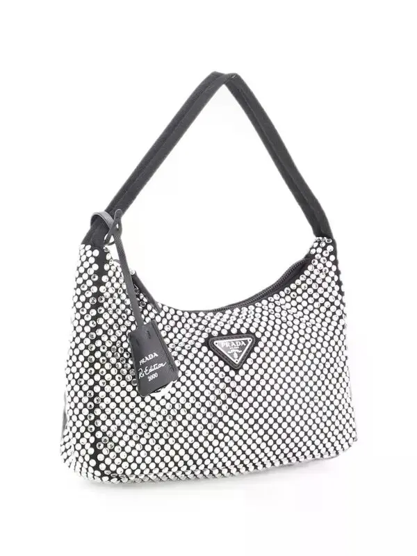 Prada Re-edition 2000 Crystal Embellished Satin Mini Hobo Bag - Black