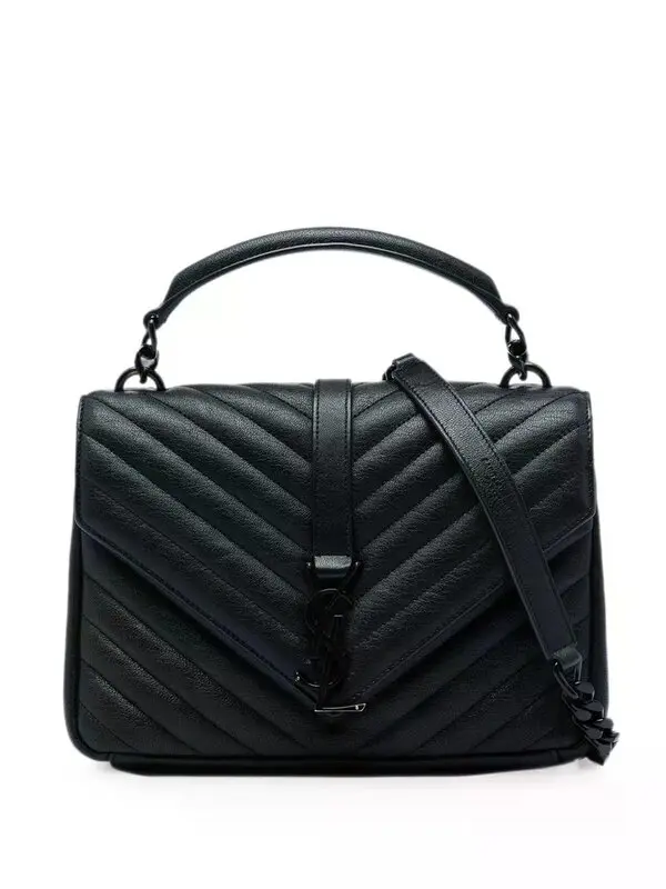 Saint Laurent 2016 Medium Chevron Sheepskin Monogram Monochrome College Bag Satchel - Black