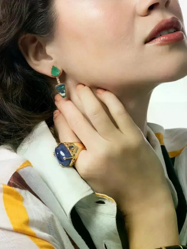 DENISE CASSOU Yellow Opal And Emerald Earrings