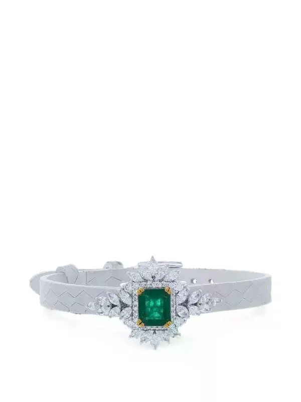 Yeprem Emerald And Diamond Stamped Leather Bracelet