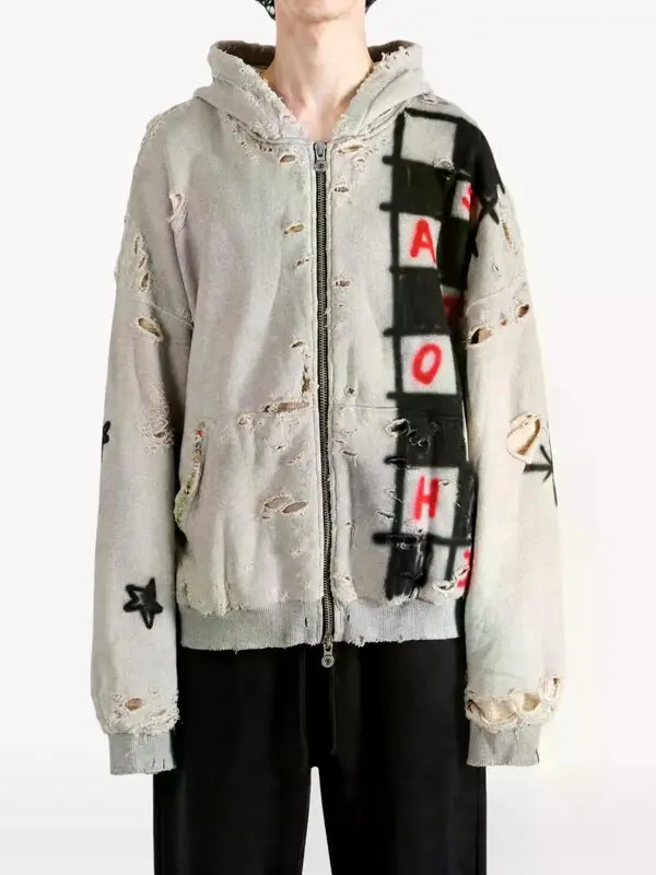 SATOSHI NAKAMOTO Get What I Want Distressed Graffiti-print Hoodie