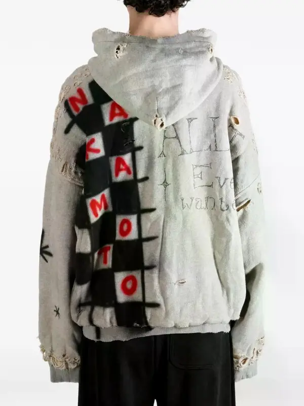 SATOSHI NAKAMOTO Get What I Want Distressed Graffiti-print Hoodie