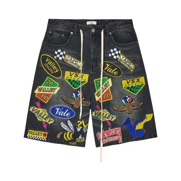 VALE FOREVER Embroidered Patch Denim Shorts - Black