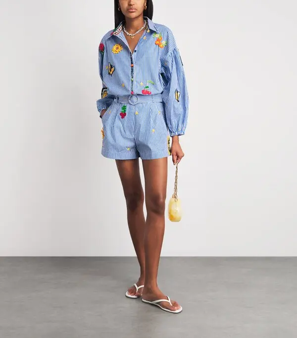 Camilla Striped Cotton Shorts With Embroidered Fruit Appliqu