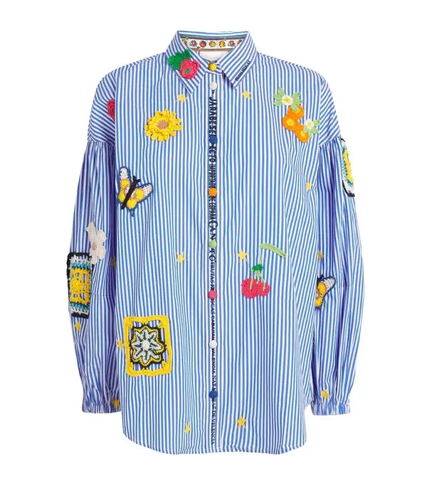Camilla Cotton Striped Appliqué Shirt - Blue