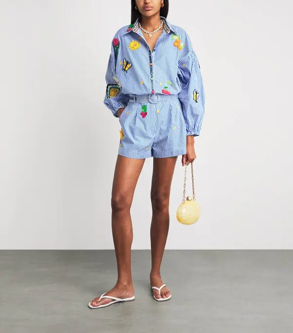 Camilla Cotton Striped Appliqué Shirt - Blue