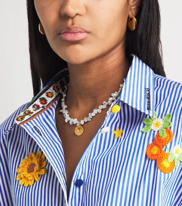 Camilla Cotton Striped Appliqué Shirt - Blue
