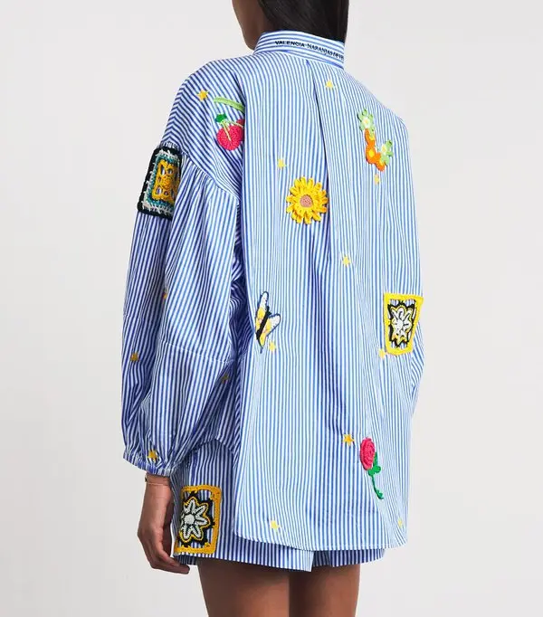 Camilla Cotton Striped Appliqué Shirt - Blue
