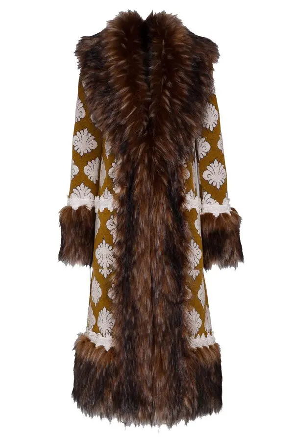 THE EXTREME COLLECTION Alpaca Jacquard Long Coat With Fur Trim