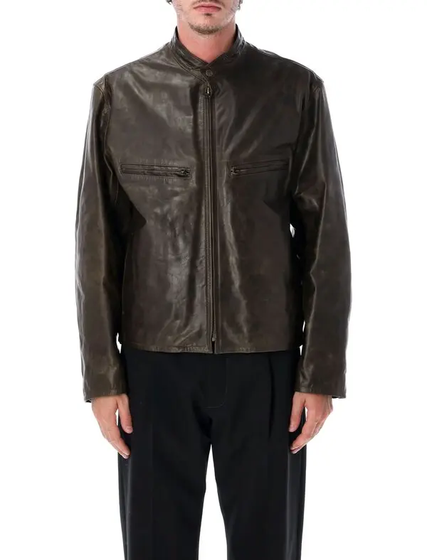 LEMAIRE Leather Zip-front Jacket With Stand Collar - Marrone