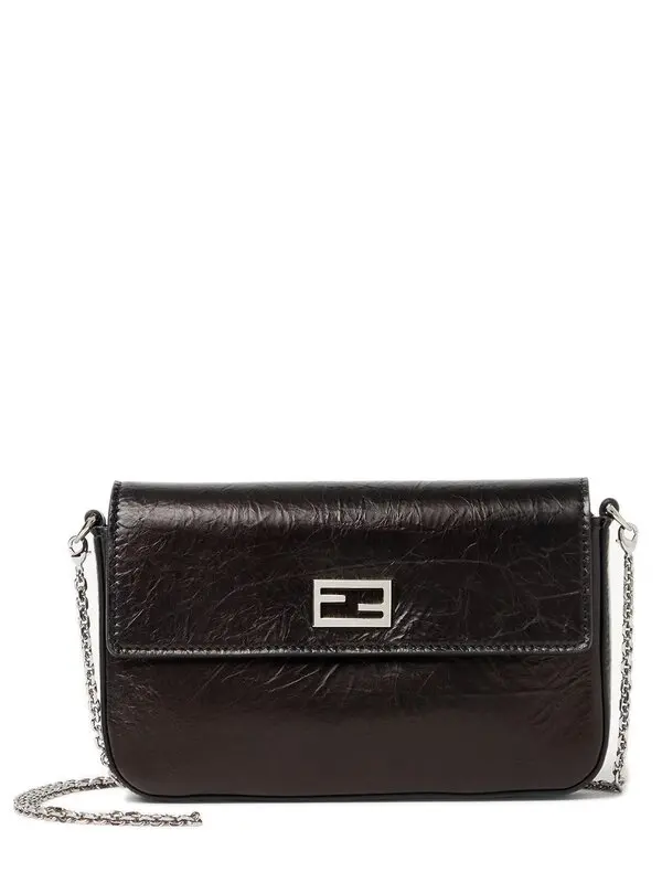 Fendi Tube Wallet With Chain, Front Flap And Metal Ff Baguette Logo 4 Card Slots W 19 X H 12 X D 3.5 Cm - Nero