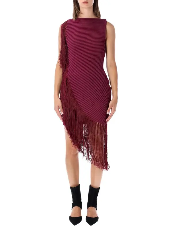 Alaïa Asymmetric Fringed High Neck Knit Dress - Viola