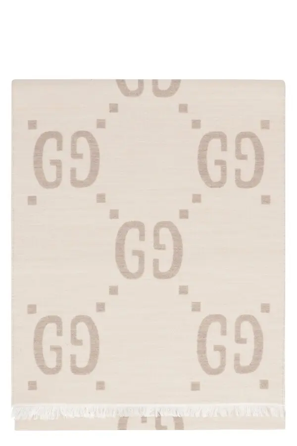 Gucci Wool & Silk Gg Logo Scarf With Fringed Edges, 35 X 190 Cm