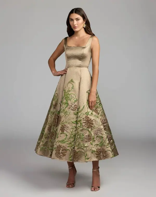 Mac Duggal Floral Brocade A-line Midi Dress