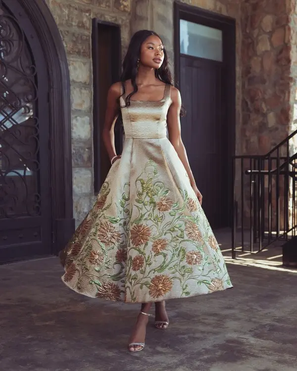 Mac Duggal Floral Brocade A-line Midi Dress