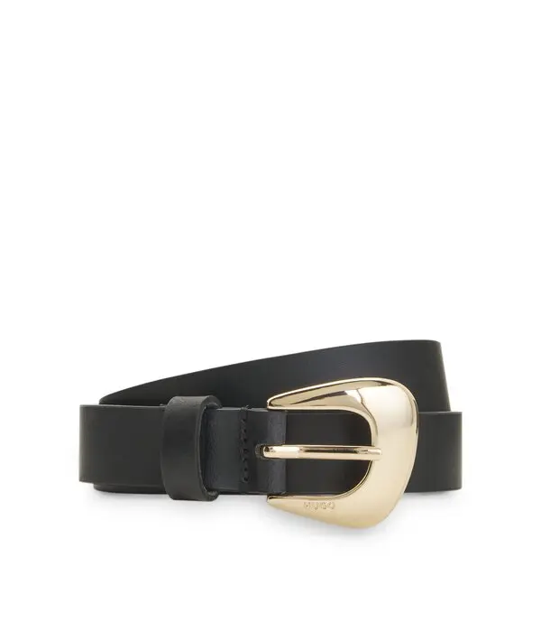Hugo Italian Leather Belt With Angular Gold-tone Buckle - Black