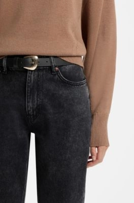 Hugo Italian Leather Belt With Angular Gold-tone Buckle