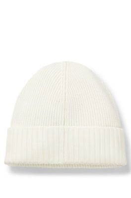 BOSS Rib-knit Virgin-wool Beanie With Logo Plaque