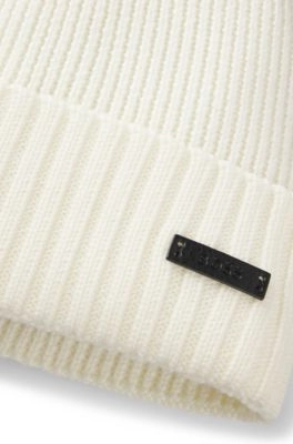 BOSS Rib-knit Virgin-wool Beanie With Logo Plaque
