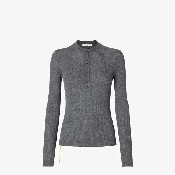 Fendi Wool Rib Knit Long Sleeve Jumper With Mother-of-pearl Buttons And Embroidered Logo - Grey