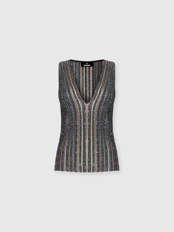 Missoni Sleeveless V-neck Sequined Ribbed Top
