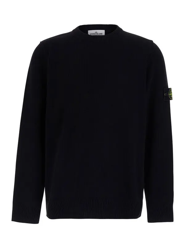 Stone Island Crewneck Sweater With Logo Patch On The Sleeve In Wool For - Black