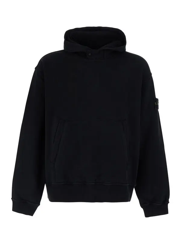 Stone Island Hoodie With Fixed Hood And Logo Patch On The Sleeve In Cotton For - Black