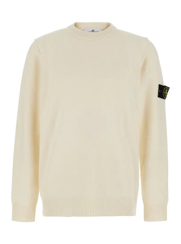 Stone Island Crewneck Wool Sweater With Logo Patch - White