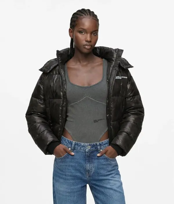 Karl Lagerfeld Cropped Shiny Puffer Jacket - Black