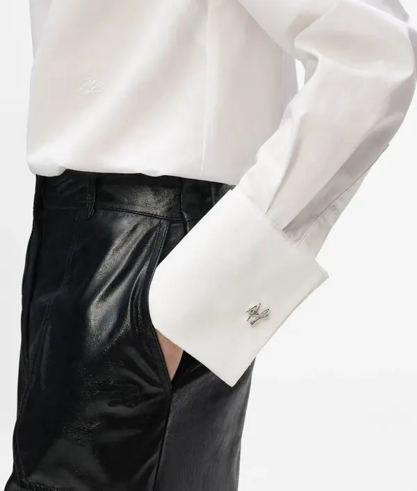 Karl Lagerfeld High Neck Blouse With Exaggerated Shoulders And Signature Cufflinks