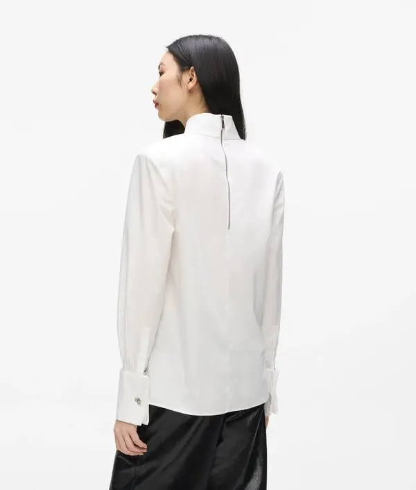 Karl Lagerfeld High Neck Blouse With Exaggerated Shoulders And Signature Cufflinks