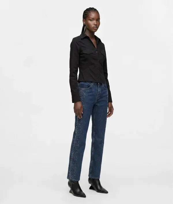 Karl Lagerfeld Rhinestone Embellished High-rise Straight Leg Jeans - Washed Dark Blue