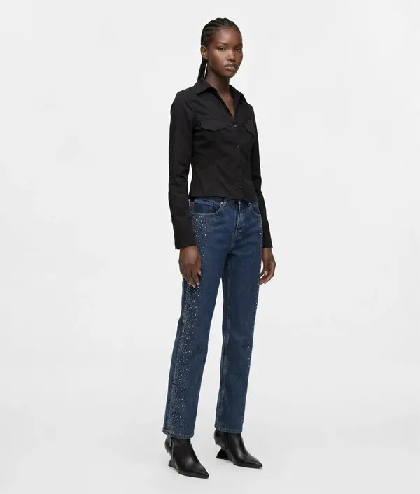 Karl Lagerfeld Rhinestone Embellished High-rise Straight Leg Jeans - Washed Dark Blue