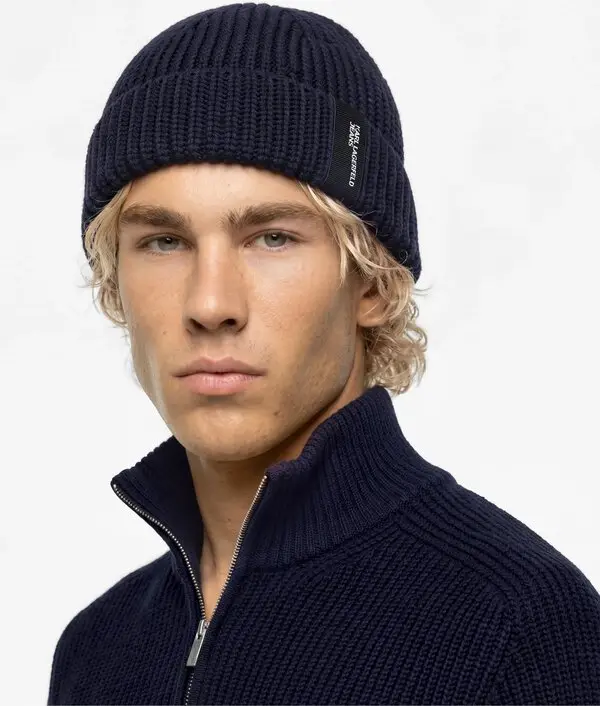 Karl Lagerfeld Ribbed Cotton Beanie - Peacoat