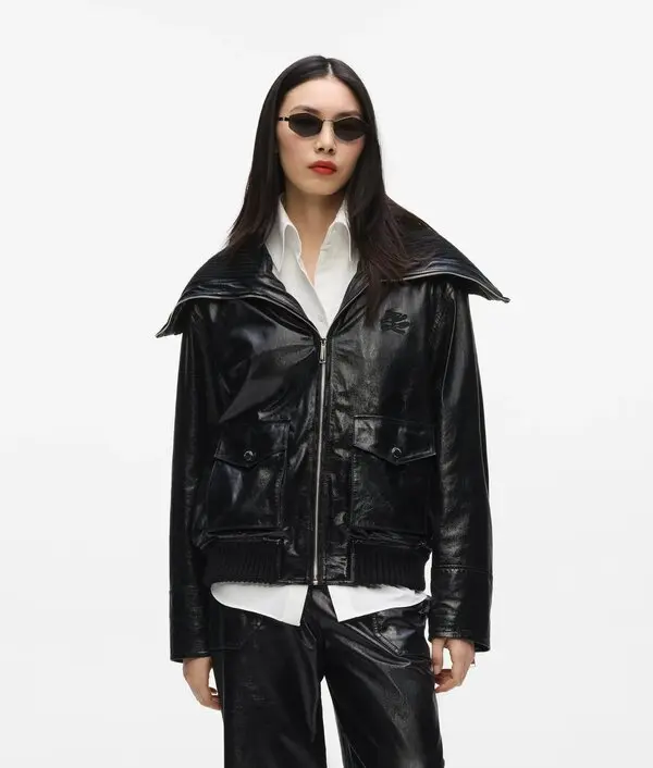 Karl Lagerfeld Knitted Collar Leather Jacket