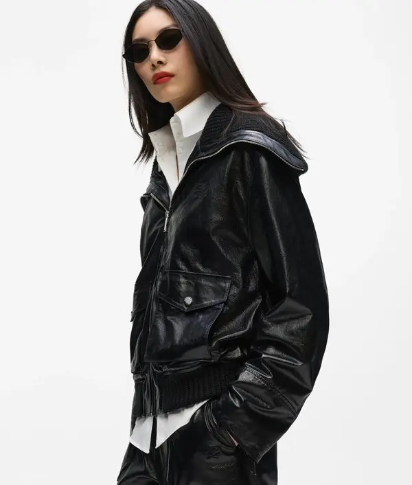 Karl Lagerfeld Knitted Collar Leather Jacket