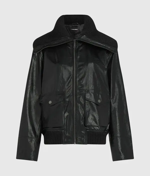 Karl Lagerfeld Knitted Collar Leather Jacket