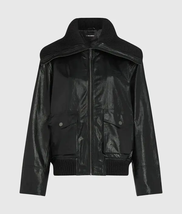 Karl Lagerfeld Knitted Collar Leather Jacket