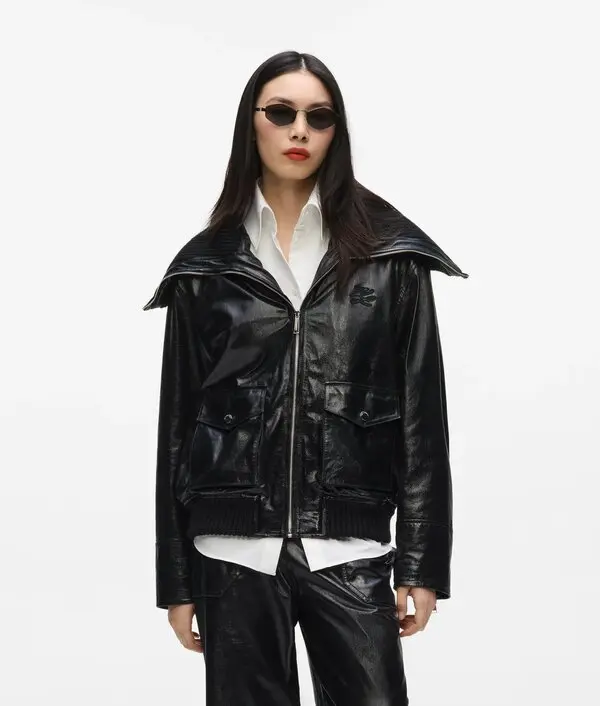Karl Lagerfeld Knitted Collar Leather Jacket - Black