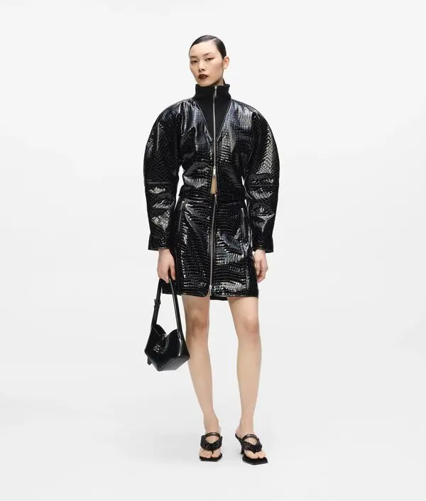 Karl Lagerfeld Croc-embossed Lambskin Skirt With Front Zip - Black