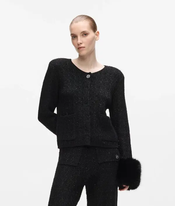 Karl Lagerfeld Faux-fur Trimmed Bouclé Knit Cardigan