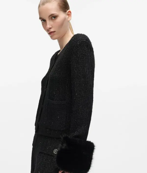 Karl Lagerfeld Faux-fur Trimmed Bouclé Knit Cardigan
