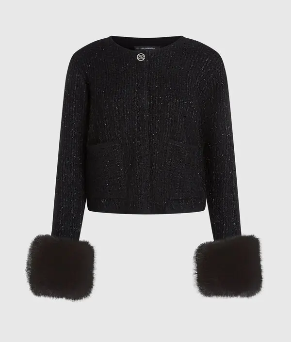 Karl Lagerfeld Faux-fur Trimmed Bouclé Knit Cardigan