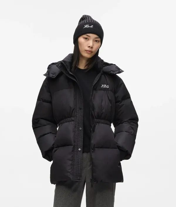 Karl Lagerfeld Cinched Midi Puffer Jacket - Black