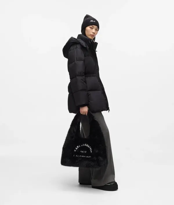 Karl Lagerfeld Cinched Midi Puffer Jacket - Black