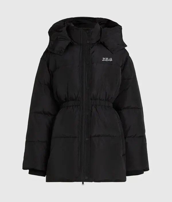 Karl Lagerfeld Cinched Midi Puffer Jacket - Black