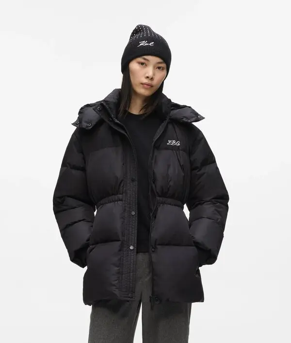 Karl Lagerfeld Cinched Midi Puffer Jacket - Black
