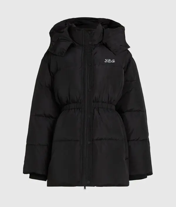 Karl Lagerfeld Cinched Midi Puffer Jacket - Black