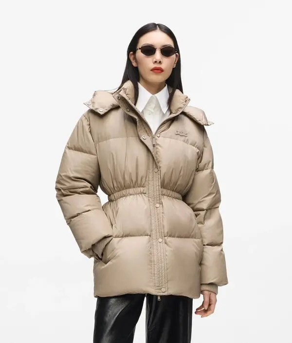 Karl Lagerfeld Cinched Midi Puffer Jacket - Warm Sand